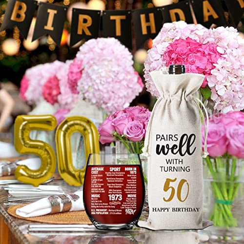 50th Birthday Gifts for Women Men -50 Year Old Birthday Decoration Gift -50th Anniversary Party Supplies -15 Oz 1 Stemless Wine Glass And 1 Wine Bag