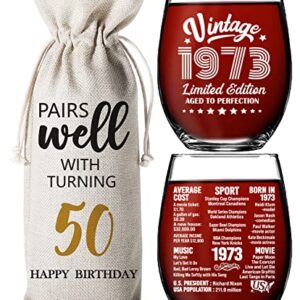 50th Birthday Gifts for Women Men -50 Year Old Birthday Decoration Gift -50th Anniversary Party Supplies -15 Oz 1 Stemless Wine Glass And 1 Wine Bag