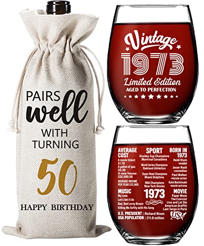 50th Birthday Gifts for Women Men -50 Year Old Birthday Decoration Gift -50th Anniversary Party Supplies -15 Oz 1 Stemless Wine Glass And 1 Wine Bag