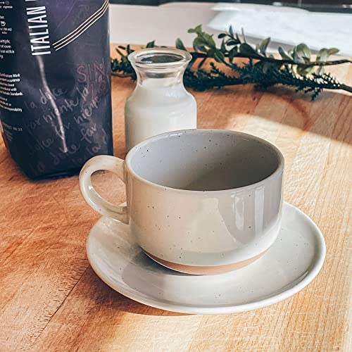 Mora Ceramics 8oz Cappuccino Mug Set of 4 - Ceramic Coffee Cups with Saucers - Microwave and Dishwasher Safe, Perfect For Tea, Espresso, Latte - Porcelain Mugs for Kitchen or Cafe - Assorted Neutrals