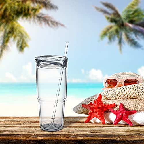 MEWAY 30oz/2 pcs Classic Insulated Tumblers,Double Wall Acrylic Tumbler with Lid，Reusable Plastic Insulated Tumblers with Straw，for cold drinks, sand ice, whatever you like(transparent,2 pack)