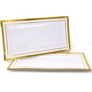 10 White Rectangle Trays with Gold Rim Border for Elegant Dessert Table Serving Parties 14" X 7.5" Heavy Duty Disposable Paper Cardboard for Platters Cupcake Display Birthday Party Weddings Food Safe