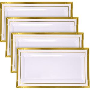 10 White Rectangle Trays with Gold Rim Border for Elegant Dessert Table Serving Parties 14" X 7.5" Heavy Duty Disposable Paper Cardboard for Platters Cupcake Display Birthday Party Weddings Food Safe