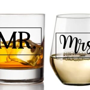 COOL AF Mr and Mrs Whiskey and Wine Glass Gift Set - Wedding Gift Glass Set For Bride and Groom - Engagement Gift for Couples and Newlyweds - Husband and Wife