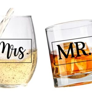 COOL AF Mr and Mrs Whiskey and Wine Glass Gift Set - Wedding Gift Glass Set For Bride and Groom - Engagement Gift for Couples and Newlyweds - Husband and Wife