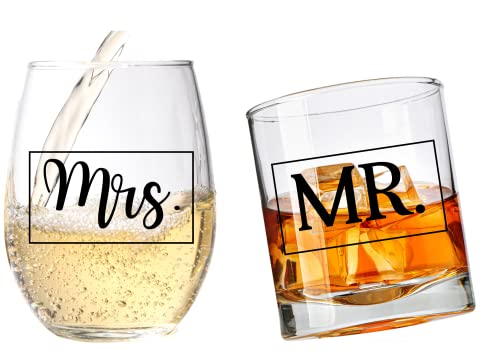 COOL AF Mr and Mrs Whiskey and Wine Glass Gift Set - Wedding Gift Glass Set For Bride and Groom - Engagement Gift for Couples and Newlyweds - Husband and Wife