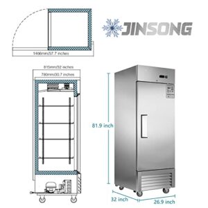 JINSONG 27" Commercial Refrigerator with Single Solid Door, 23 cu.ft Stainless Steel Reach-in Refrigerator for Restaurant, Bar, Shop, Residential