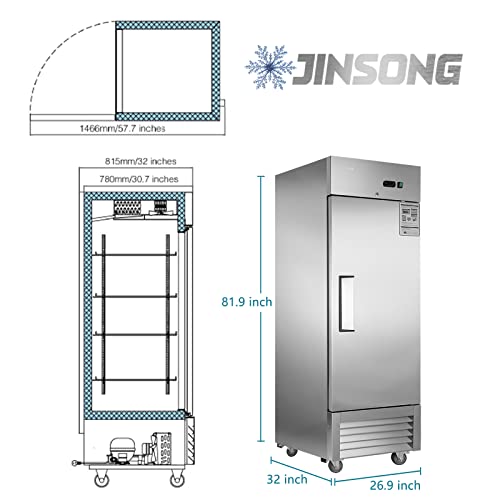 JINSONG 27" Commercial Refrigerator with Single Solid Door, 23 cu.ft Stainless Steel Reach-in Refrigerator for Restaurant, Bar, Shop, Residential