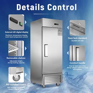 JINSONG 27" Commercial Refrigerator with Single Solid Door, 23 cu.ft Stainless Steel Reach-in Refrigerator for Restaurant, Bar, Shop, Residential