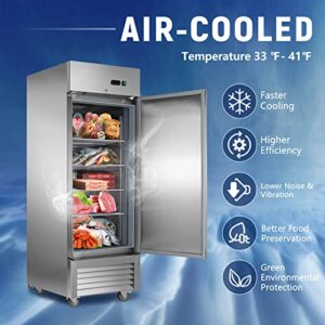 JINSONG 27" Commercial Refrigerator with Single Solid Door, 23 cu.ft Stainless Steel Reach-in Refrigerator for Restaurant, Bar, Shop, Residential