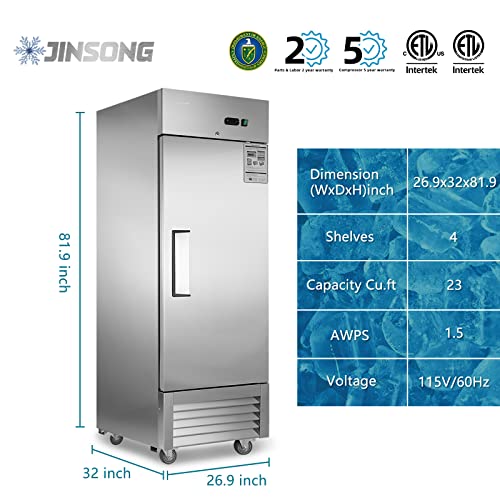 JINSONG 27" Commercial Refrigerator with Single Solid Door, 23 cu.ft Stainless Steel Reach-in Refrigerator for Restaurant, Bar, Shop, Residential