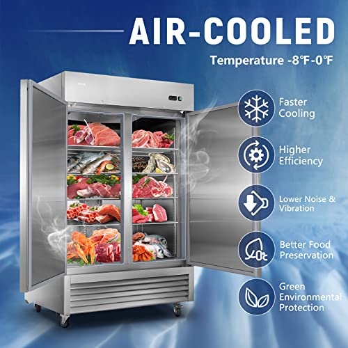 JINSONG 54" Commercial Freezer 2 Solid Door, 49 cu.ft 2 Section Stainless Steel Reach-in Freezer for Restaurant, Bar, Shop, Residential