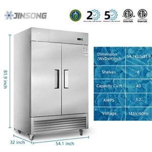 JINSONG 54" Commercial Freezer 2 Solid Door, 49 cu.ft 2 Section Stainless Steel Reach-in Freezer for Restaurant, Bar, Shop, Residential