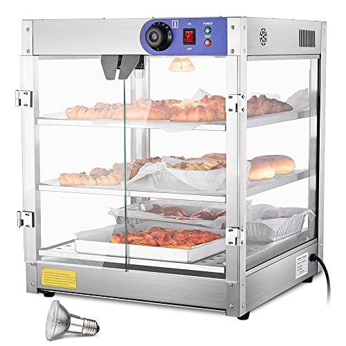 3-Tier Food Pastry Pizza Warmer Countertop Commercial Display Case See Through 750W Adjustable Removable Shelves Glass Door 20x20x24 (3-Tier)