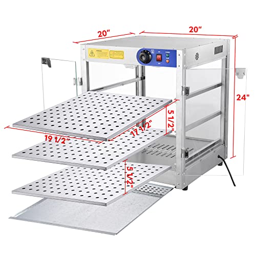 3-Tier Food Pastry Pizza Warmer Countertop Commercial Display Case See Through 750W Adjustable Removable Shelves Glass Door 20x20x24 (3-Tier)