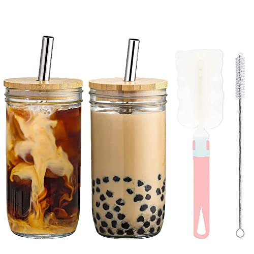 Mason Jar with Lid and Straw, Iced Coffee Cups 2 Pack 24 oz, Reusable Wide Mouth Smoothie Cups, Clear Tumblers Drinking Bottle, Boba Cup With Lids and Silver Straws for Large Pearl Juices Cocktail