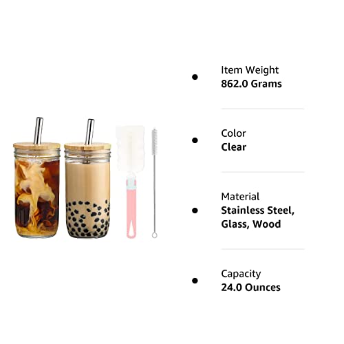 Mason Jar with Lid and Straw, Iced Coffee Cups 2 Pack 24 oz, Reusable Wide Mouth Smoothie Cups, Clear Tumblers Drinking Bottle, Boba Cup With Lids and Silver Straws for Large Pearl Juices Cocktail