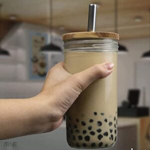 Mason Jar with Lid and Straw, Iced Coffee Cups 2 Pack 24 oz, Reusable Wide Mouth Smoothie Cups, Clear Tumblers Drinking Bottle, Boba Cup With Lids and Silver Straws for Large Pearl Juices Cocktail