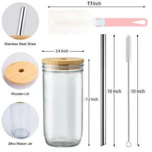 Mason Jar with Lid and Straw, Iced Coffee Cups 2 Pack 24 oz, Reusable Wide Mouth Smoothie Cups, Clear Tumblers Drinking Bottle, Boba Cup With Lids and Silver Straws for Large Pearl Juices Cocktail