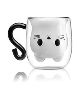 phitihui cat mugs, double wall glass cute coffee tea cup, graduation valentines mothers day easter halloween christmas gifts for women wife mum her girl teacher friend, birthday present idea (black)