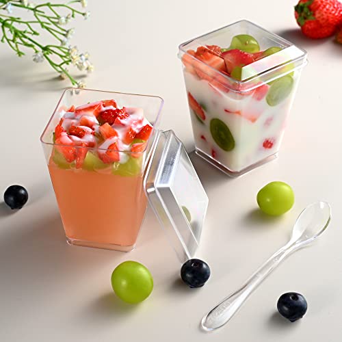 Foodeway 50 Pack 5.5 oz Plastic Dessert Cups with Spoon and Lids, Appetizer Cups for Party Parfait Cups Dessert Cups with Spoons Yogurt Parfait Containers Shooter Cups for Pudding Fruit