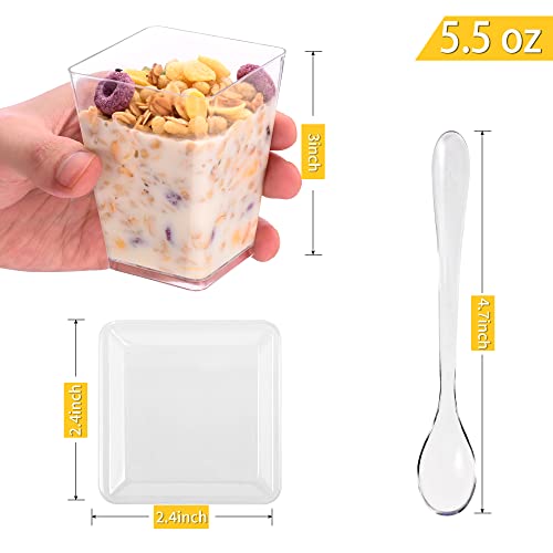 Foodeway 50 Pack 5.5 oz Plastic Dessert Cups with Spoon and Lids, Appetizer Cups for Party Parfait Cups Dessert Cups with Spoons Yogurt Parfait Containers Shooter Cups for Pudding Fruit