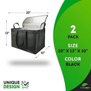 PUREVACY Insulated Food Delivery Bag 20" x 13" x 10". Pack of 2 Black Insulated Bags for Food Delivery, Large Insulated Cooler Bag, Heavy Duty Insulated Grocery Bag Cooler