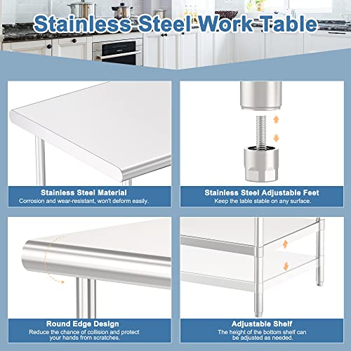 Stainless Steel Table, Aowos Outdoor Kitchen Metal Prep Table, 24 x 36 Inches Work Table with Adjustable Undershelf for Laundry Room, Garage - Heavy Duty, NSF Certified