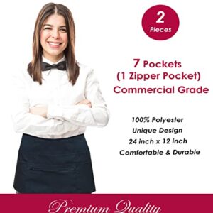 TEXVIDA 7 Pockets Server Aprons with Zipper Pocket (2 Pack) - Commercial Grade Aprons for Women Men - Waiter Waitress Waist Half Apron - Black 24x12