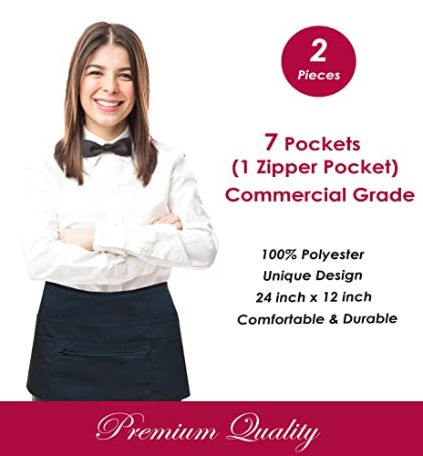 TEXVIDA 7 Pockets Server Aprons with Zipper Pocket (2 Pack) - Commercial Grade Aprons for Women Men - Waiter Waitress Waist Half Apron - Black 24x12