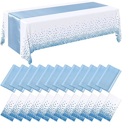 24 Packs Wedding Satin Table Runner Disposable Plastic Tablecloths 54 x 108 Inch Table Cloths for Parties Tablecloth 12 x 108 Inch Table Runners for Wedding Birthday Celebration (Blue)