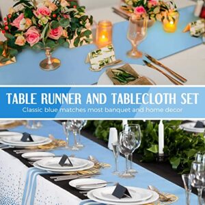 24 Packs Wedding Satin Table Runner Disposable Plastic Tablecloths 54 x 108 Inch Table Cloths for Parties Tablecloth 12 x 108 Inch Table Runners for Wedding Birthday Celebration (Blue)