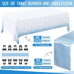 24 Packs Wedding Satin Table Runner Disposable Plastic Tablecloths 54 x 108 Inch Table Cloths for Parties Tablecloth 12 x 108 Inch Table Runners for Wedding Birthday Celebration (Blue)