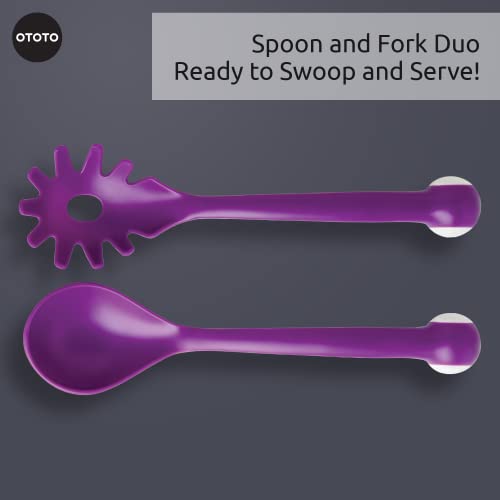 OTOTO Pasta Monsters and Salad Servers - BPA-Free Fun Kitchen Gadgets - 100% Food Safe Salad Spoon and Fork Set - Pasta and Salad Server - 11.93x 3.39 x 2.24 inch (Purple)