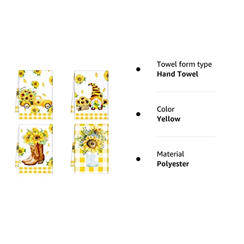 4 Pcs Kitchen Towels Sunflower Bee Dish Towels Decorative Absorbent Hand Polyester Towel with Hanging Loop for Kitchen Dishes Tea Towels for Home Housewarming Gifts Decor, 16 x 24'' (Yellow, Sweet)