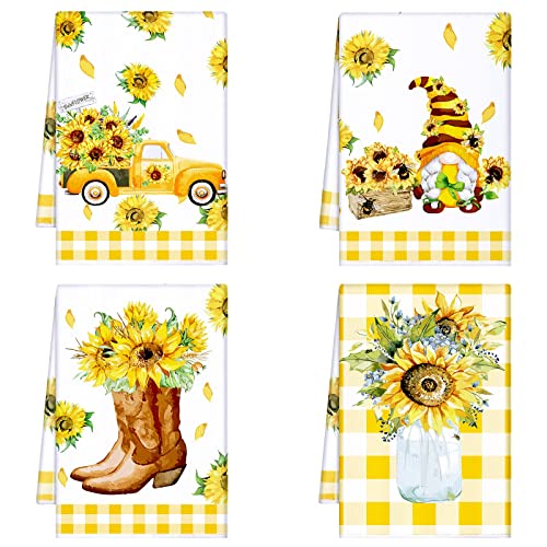 4 Pcs Kitchen Towels Sunflower Bee Dish Towels Decorative Absorbent Hand Polyester Towel with Hanging Loop for Kitchen Dishes Tea Towels for Home Housewarming Gifts Decor, 16 x 24'' (Yellow, Sweet)