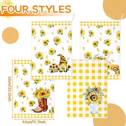 4 Pcs Kitchen Towels Sunflower Bee Dish Towels Decorative Absorbent Hand Polyester Towel with Hanging Loop for Kitchen Dishes Tea Towels for Home Housewarming Gifts Decor, 16 x 24'' (Yellow, Sweet)