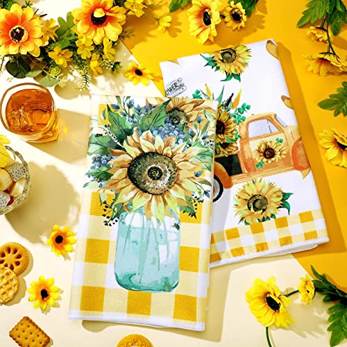 4 Pcs Kitchen Towels Sunflower Bee Dish Towels Decorative Absorbent Hand Polyester Towel with Hanging Loop for Kitchen Dishes Tea Towels for Home Housewarming Gifts Decor, 16 x 24'' (Yellow, Sweet)