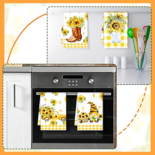 4 Pcs Kitchen Towels Sunflower Bee Dish Towels Decorative Absorbent Hand Polyester Towel with Hanging Loop for Kitchen Dishes Tea Towels for Home Housewarming Gifts Decor, 16 x 24'' (Yellow, Sweet)