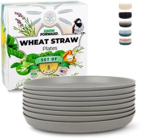 grow forward premium wheat straw plates - 10 inch hard plastic plates reusable - unbreakable microwave safe deep dinner plates set of 8 - outdoor plates for patio, camping, picnic, kids - feather