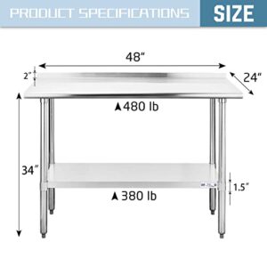 Hally Stainless Steel Table with Double Overshelf for Prep & Work 24 x 48 Inches, NSF Commercial Heavy Duty Table with Undershelf and Backsplash for Restaurant, Home and Hotel