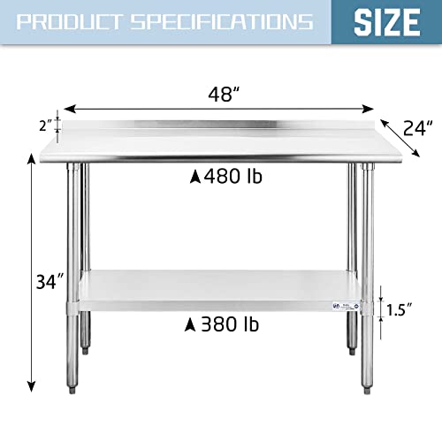 Hally Stainless Steel Table with Double Overshelf for Prep & Work 24 x 48 Inches, NSF Commercial Heavy Duty Table with Undershelf and Backsplash for Restaurant, Home and Hotel