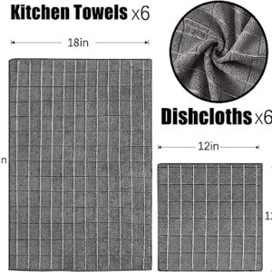 Puomue Microfiber Kitchen Towels and Dishcloths Set, 26 X 18 Inch and 12 X 12 Inch, Set of 12 Bulk Lint Free Dish Towels for Drying Dishes, Grey