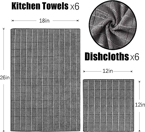 Puomue Microfiber Kitchen Towels and Dishcloths Set, 26 X 18 Inch and 12 X 12 Inch, Set of 12 Bulk Lint Free Dish Towels for Drying Dishes, Grey