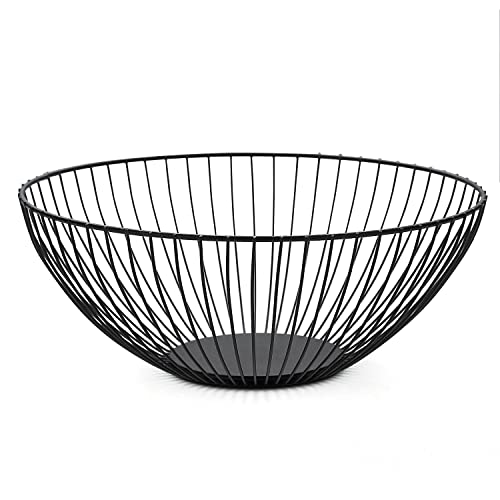 HOMQUEN Fruit Basket, Fruit Bowl, Metal Wire Fruit Basket for kitchen, Fruit Bowl for Kitchen Counter, Basket for Fruits, Vegetables, Breads, Snacks, Kitchen Gadgets (Round Short, Black)