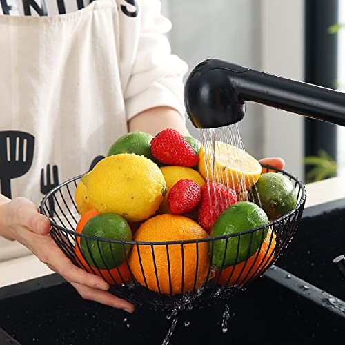 HOMQUEN Fruit Basket, Fruit Bowl, Metal Wire Fruit Basket for kitchen, Fruit Bowl for Kitchen Counter, Basket for Fruits, Vegetables, Breads, Snacks, Kitchen Gadgets (Round Short, Black)