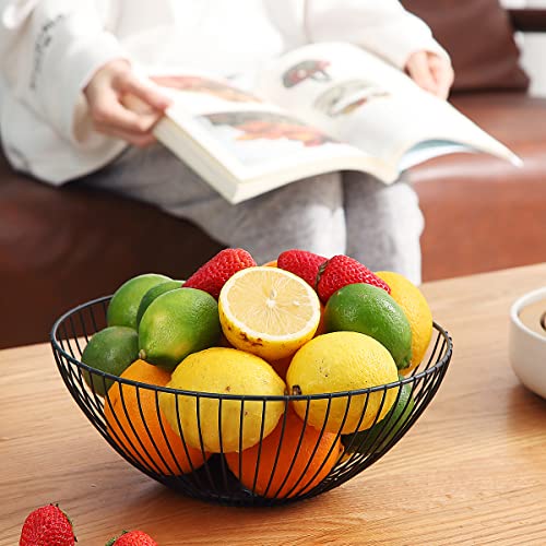 HOMQUEN Fruit Basket, Fruit Bowl, Metal Wire Fruit Basket for kitchen, Fruit Bowl for Kitchen Counter, Basket for Fruits, Vegetables, Breads, Snacks, Kitchen Gadgets (Round Short, Black)