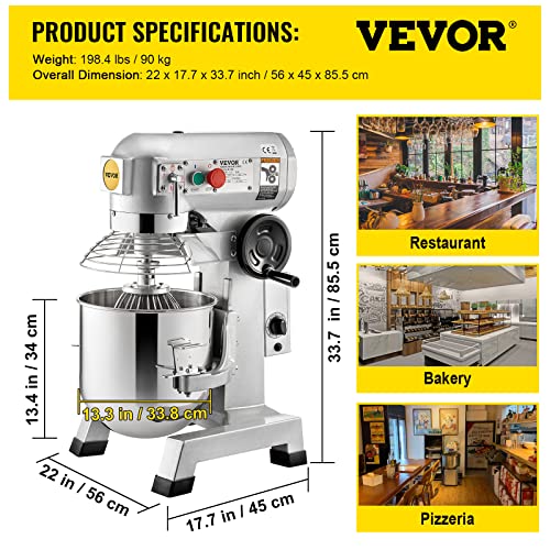 VEVOR Commercial Food Mixer, 30Qt Commercial Mixer with Timing Function, 1100W Stainless Steel Bowl Heavy Duty Electric Food Mixer with 3 Speeds Adjustable 108/199/382 RPM, Perfect for Bakery Pizzeria