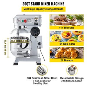 VEVOR Commercial Food Mixer, 30Qt Commercial Mixer with Timing Function, 1100W Stainless Steel Bowl Heavy Duty Electric Food Mixer with 3 Speeds Adjustable 108/199/382 RPM, Perfect for Bakery Pizzeria