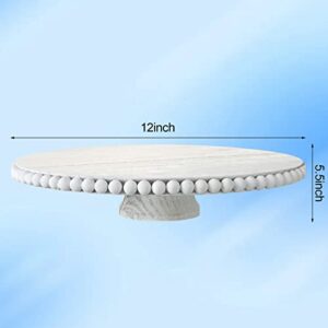 Beaded Tabletop Cake Stand 12 Inch Decorative Wood Cake Stand White Farmhouse Dessert Cake Pedestal Wood Round Dessert Stands Cakes Holder Dessert Display Plate Serving Tray for Table Wedding Display